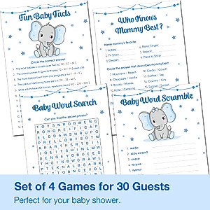 Papery Pop Baby Shower Games for Boy - Set of 4 Games for 30 Guests - Double Sided Cards - Baby Shower Supplies - Elephant