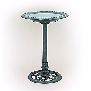 Alpine Corporation 28" Tall Outdoor Birdbath with Scrollwork Decoration Yard Statue, Green