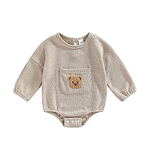Cute Baby Sweatshirt Romper Waffle Knit Baby Clothes Infant Girl Boy Fall Winter Outfits (Khaki, 0-6 Months)