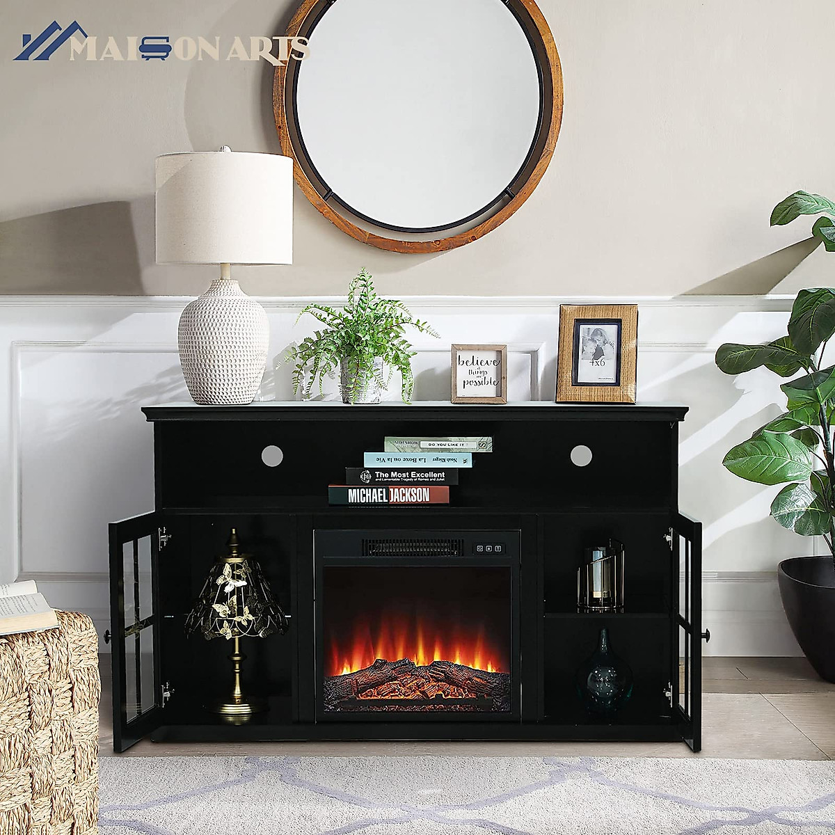 MAISON ARTS Glass Doors Fireplace TV Stand with Electric Fireplace Inserts 47" Farmhouse Media Console Table Entertainment Center for TVs Up to 55" for Home Living Room Bedroom, Black