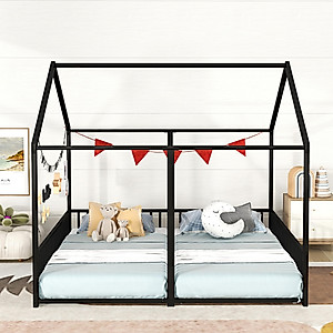 Double Floor Bed for Twins,Twin Size House Bed for 2 Kids,Two Shared Beds,Twin House Platform Beds,Metal Floor Bed Frame with Rails for Girls,Boys(Black)