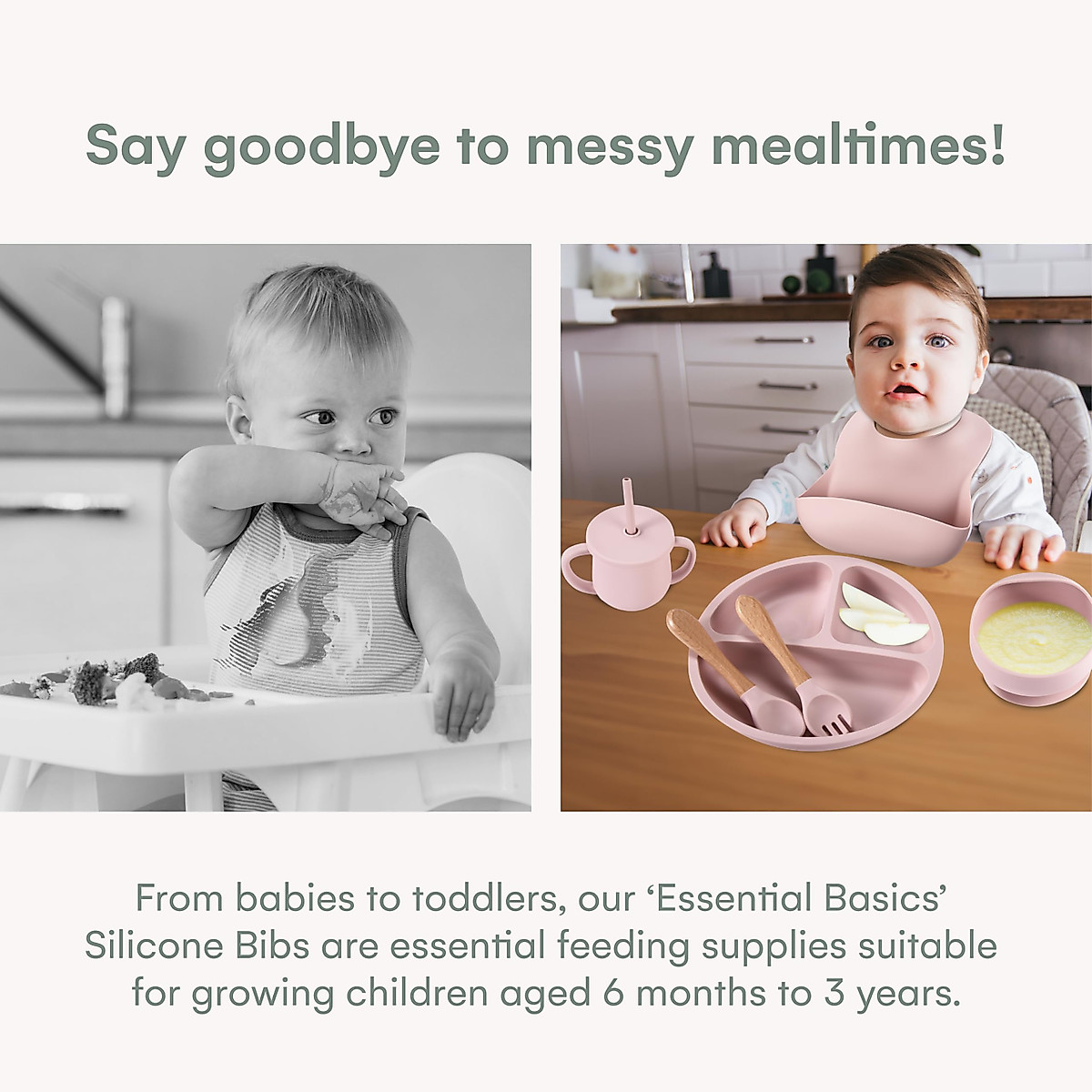 Childlike Behavior Baby Led Weaning Set 6 - Silicone Baby Feeding Set - Pastel Pink Self Feeding Baby Wooden Fork and Spoon, Plates, Bibs - Easy to Grip - Eating Learning Essentials