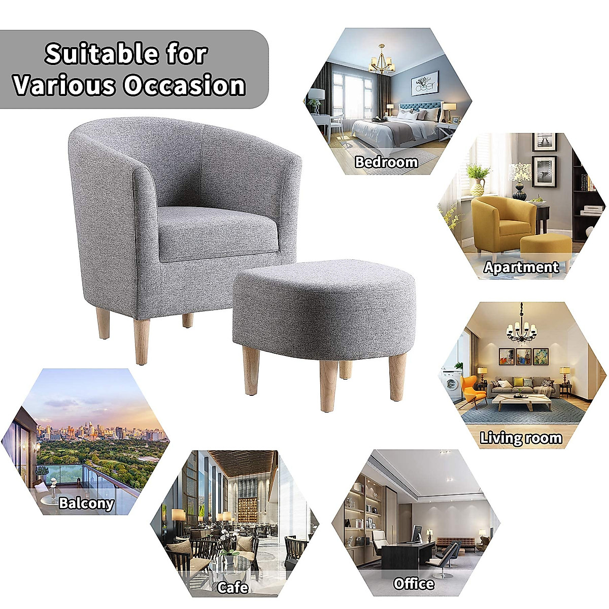 DAZONE Accent Chair with Ottoman, Mid Century Modern Barrel Comfy Fabric Armchair and Footrest Set, Upholstered Club Tub Round Arms Chair for Living Room Bedroom Reading Room, Grey