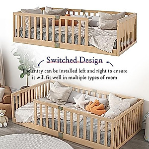 Tatub Twin Floor Bed with Safety Guardrails, Montessori Floor Bed for Kids, Wood Kids Floor Beds Frame, Entry Can Install Left and Right, Twin-Nature