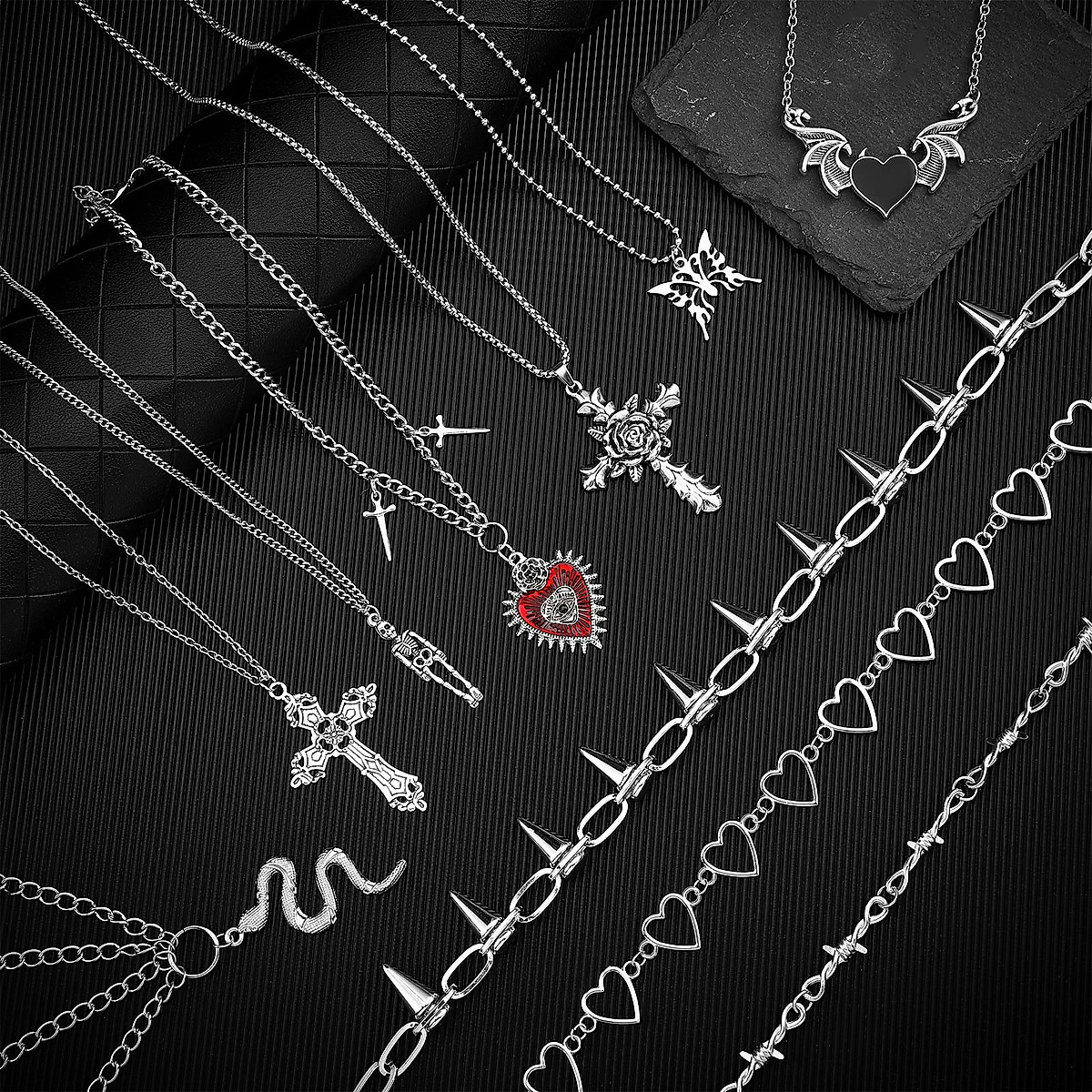 Janmercy 15 Pcs Gothic Grunge Necklace Set Goth Punk Rock Vintage Y2k Harajuku Silver Chain Choker Necklace Jewelry Costume Accessories for Women Teen Girls