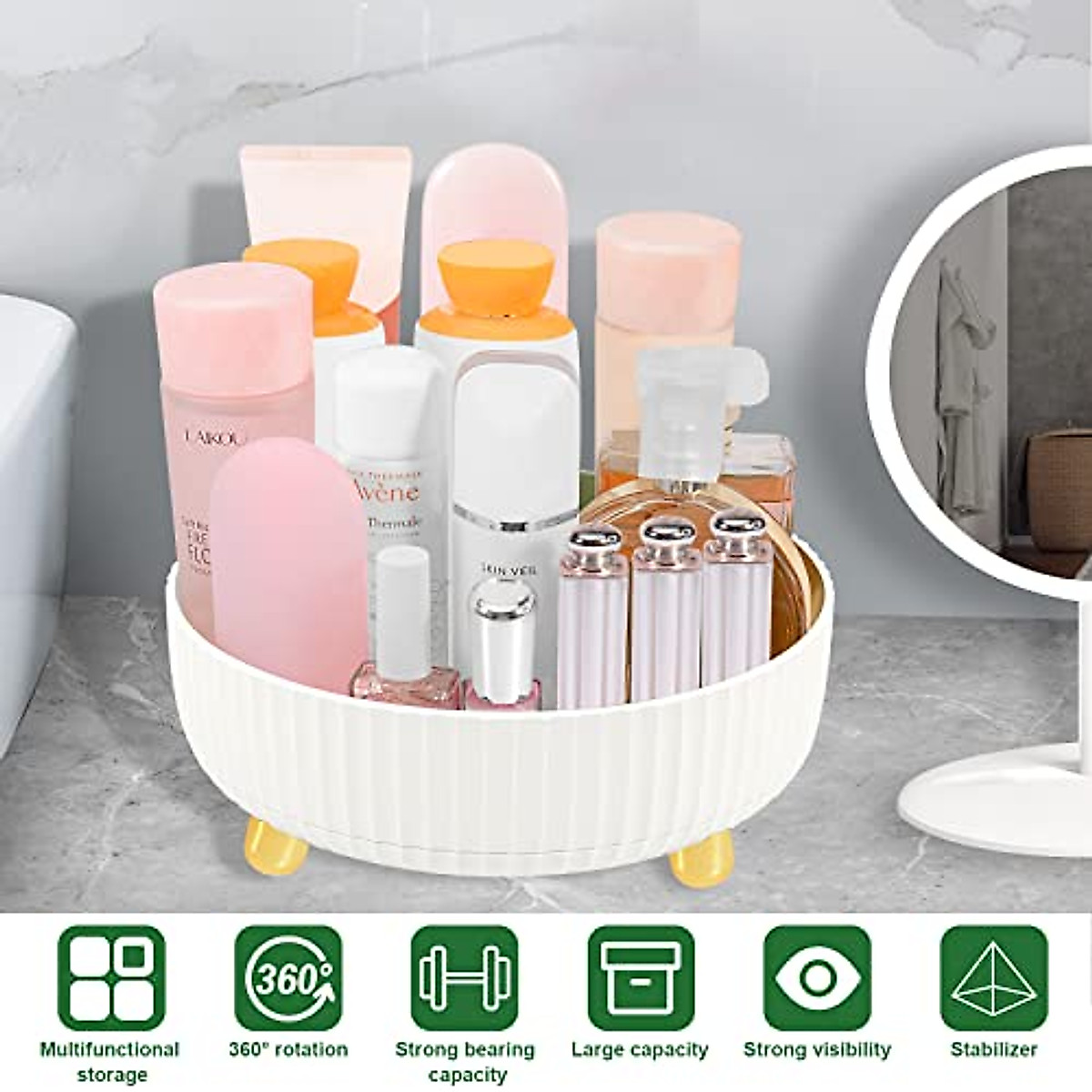 CGBE Lazy Susan Organizer, 360 Degree Rotating Makeup Organizer, Lazy Susan Round Turntable Storage Tray for Vanity Bathroom Countertop Kitchen Organized Makeup, Cosmetics, Condiment-White