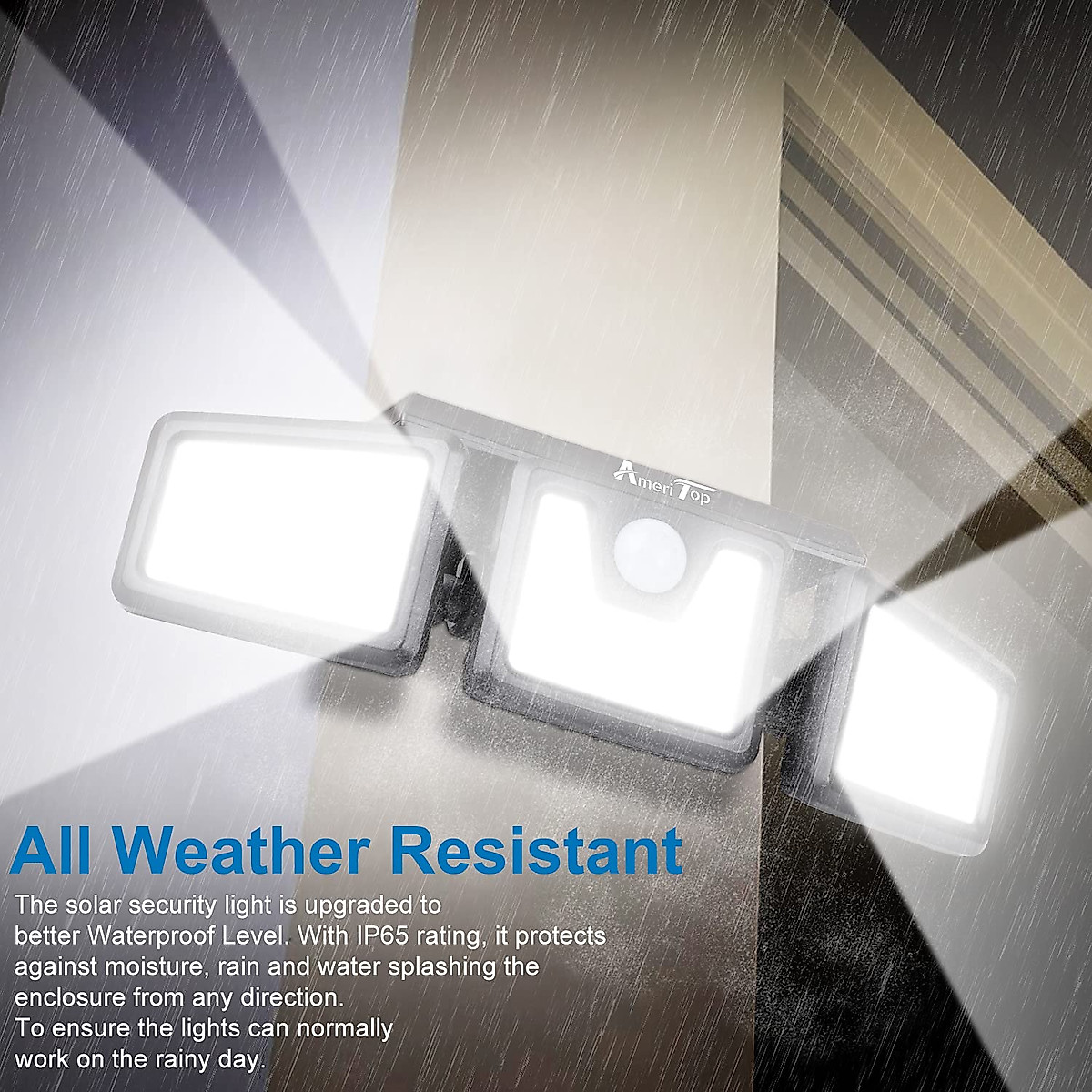 AmeriTop Solar Lights Outdoor, 300 LED 2200mah 7000K Cordless LED Motion Sensor Flood Light, 3 Heads with 3 Mode, IP65 Waterproof, Remote Security LED Flood Light(Daylight) 2 Pack