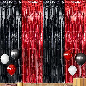 6 Pack 3.3Ft x 6.6Ft Graduation Foil Fringe Curtain Backdrop Decorations, Red Black Metallic Tinsel Foil Streamers Curtain Photo Booth Background for Graduation Prom Wedding Birthday Party Decorations