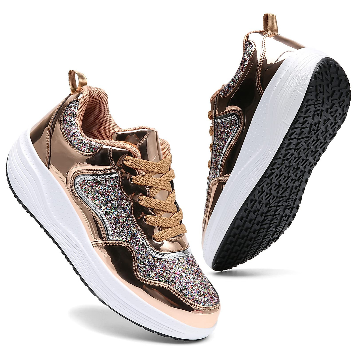 DADAWEN Women's Glitter Platform Wedge Athletic Tennis Walking Shoes Sparkly Sequin Lightweight Non Slip Casual Comfort Fashion Sneakers Gold US Size 8