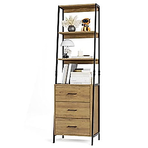 HITHOS Ladder Bookcase with 3 Fabric Drawers, 3 Tier Industrial Bookshelf, Freestanding Tall Nightstand Organizer Unit for Living Room, Bedroom, Office, Rustic Brown