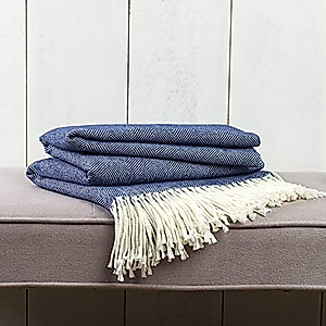 Herringbone Blanket - Chevron Pattern - Turkish Boho Chic - Soft Woven Throw Blanket with Decorative Fringe - Lightweight for Bed, Sofa, Chair, Office, Outdoor - 50 x 60 in. (Navy Blue)