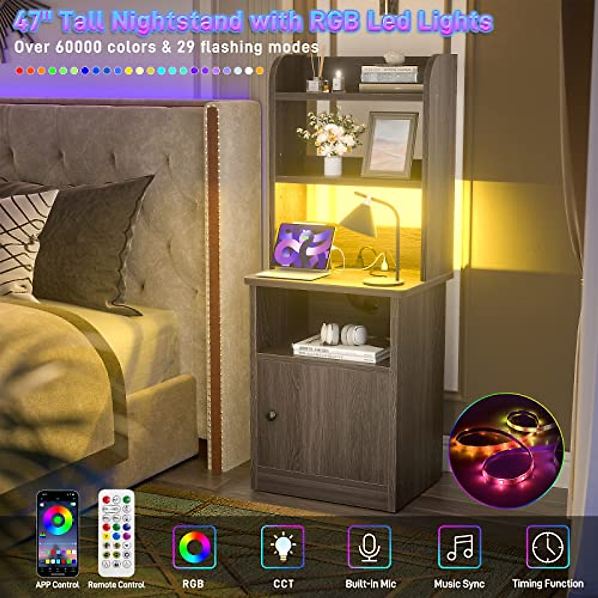 Tall Nightstand with Charging Station and LED Lights - 47" Tall Bedside Table with Adjustable Bookshelf, Industrial End Table Side Table with Storage Cabinet for Home Office, Enoch Walnut