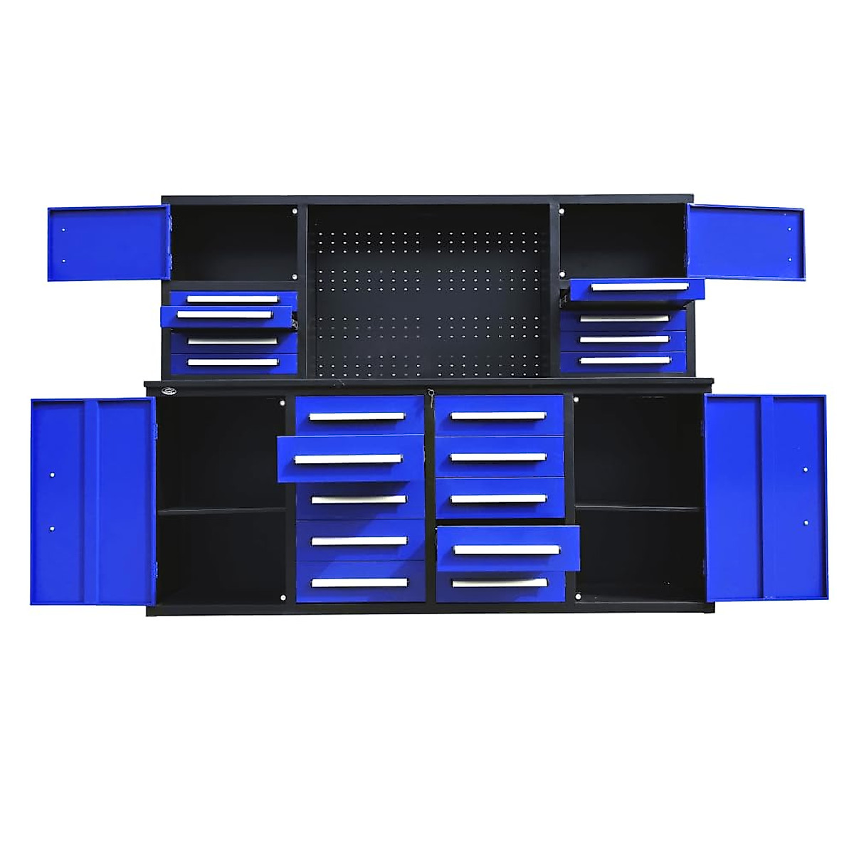 TTBKA 7' Garage Storage Cabinet with Workbench 18 Drawers, 4 Cabinets, Pegboard Size:87" L x 23" W x 67" H (Blue)