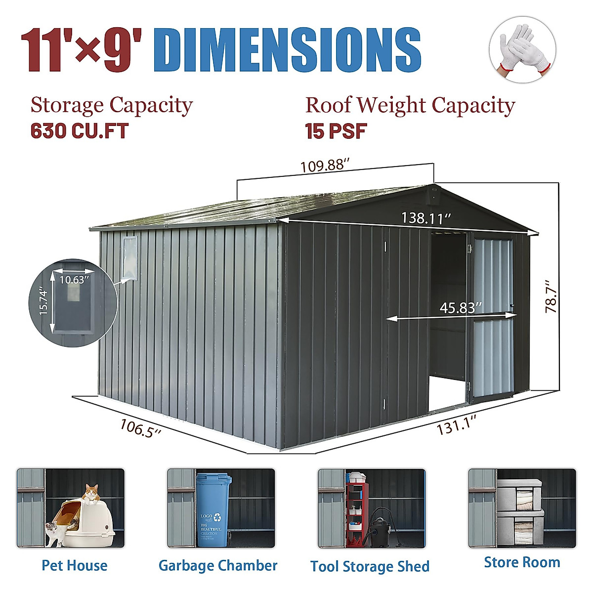 Domi Backyard Storage Shed 11’ x 9’ with Galvanized Steel Frame & Windows, Outdoor Garden Shed Metal Utility Tool Storage Room with Lockable Door for Patio(Dark Gray)