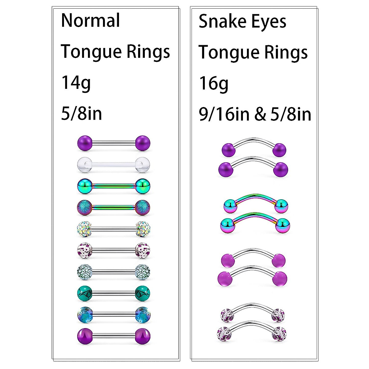 Leiainely Tongue Rings Snake Frog Eyes Bite Piercing Jewelry for Women Men Work 14g 14 Gauge Cute Green Rainbow Surgical Stainless Steel Metal Plastic Acrylic Para La Lengua Aretes Barbell Balls