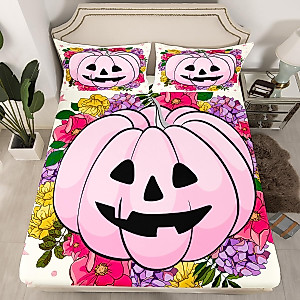Pink Halloween Bed Sheet Set Full Size Pumpkin Lantern Fitted Sheet for Kids Boys Girls Flower Floral Bedding Set Trick or Treat Bed Cover Deep Pocket Bedroom Bed Set