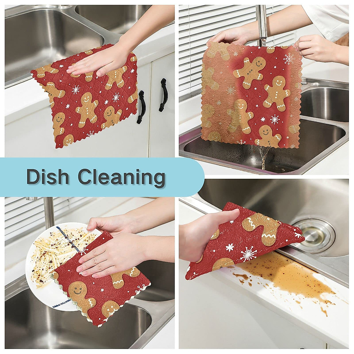 Christmas Cookie Kitchen Cloth Dish Towels Gingerbread Snowflake Kitchen Cloths Dishcloths Highly Absorbent Dust Dirty Cleaning Supply Kitchen Tableware Car Pack of 6 11x11 in