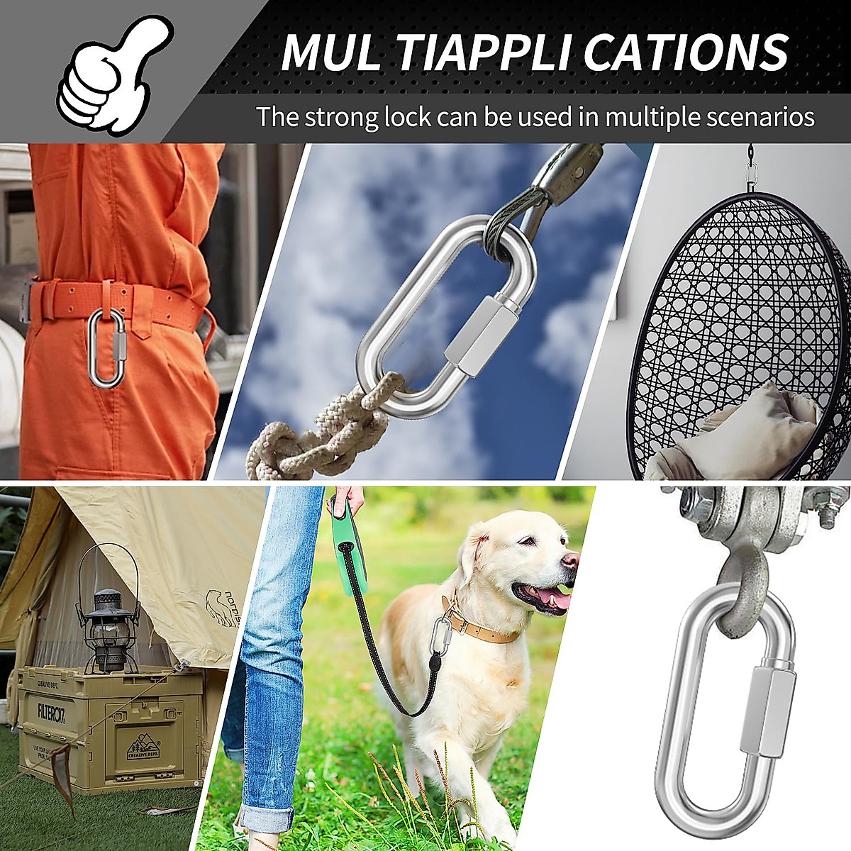 3 Inch Stainless Steel Chain Quick Links- 10 Pack 5/16" Locking Carabiners, Chain Hooks, Twist Key Ring Screw Chain Link, 1535 Lbs Capacity