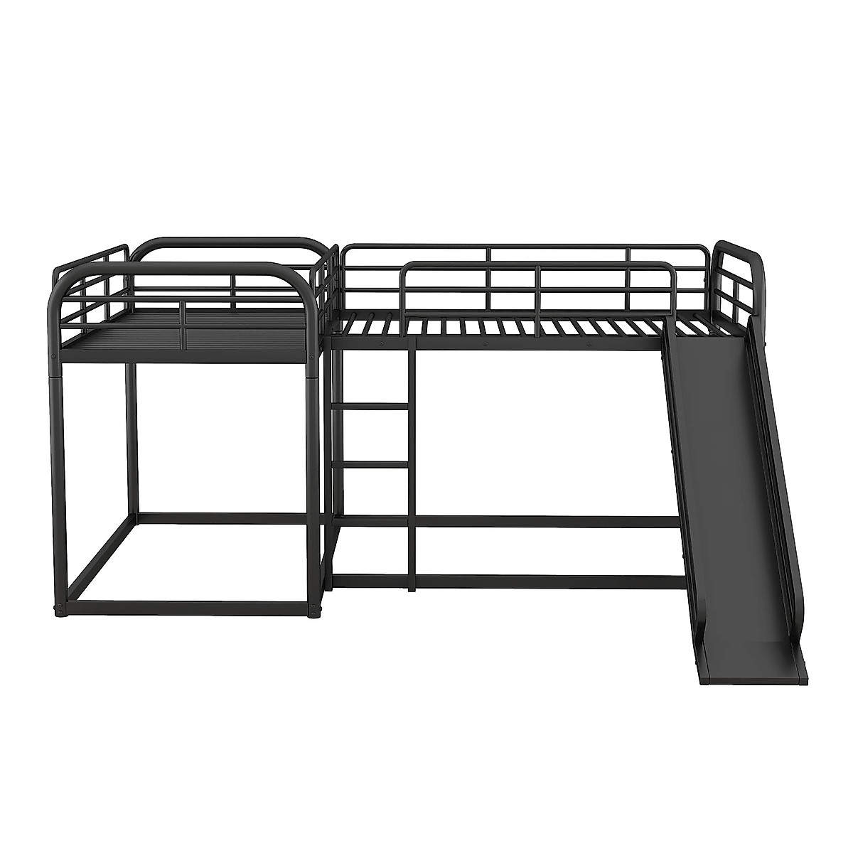 DEYOBED Full and Twin Size Bunk Bed with Slide and Short Ladder, L-Shaped Bunk Bed Frame for 4, Ideal Solid Mental Bed Frame for Kids, Black