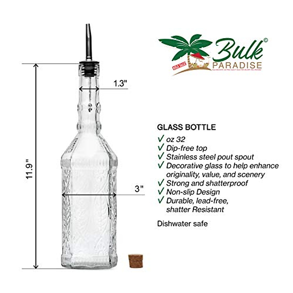 BULK PARADISE Large Clear Decorative Glass Bottle with Spout and Cork, 32oz, 1 Bottle - Design: VINO (3in X 11.9in)