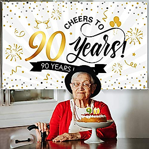 Happy 90th Birthday Backdrop Background Banner Large Men Women 90th Anniversary Backdrop Photo Booth Cheers to 90 Years Banner for 90th Birthday Party Decorations Supplies 72.8 x 43.3 inch