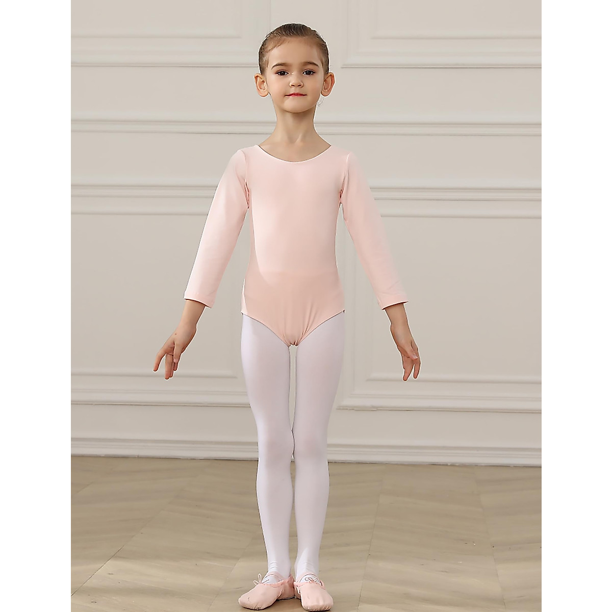HIPPOSEUS Team Basic Long Sleeve Ballet Leotard for Girls and Toddlers Gymnastics Ballet Dance, AM0019-Light Pink, 11-12 Years