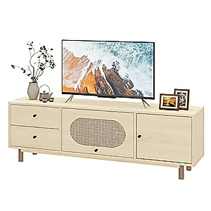AWQM Rattan TV Stand for 70 Inch TV, Entertainment Center Cabinet with 2 Drawers and Cabinet Storage, Farmhouse TV Console Table for Living Room or Media Room, Oak