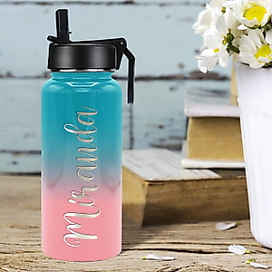 Personalized Water Bottle with Straw Lid on Cotton Candy Ombre for Gym Engraved Custom Women Name 32 oz Modern Insulated Stainless