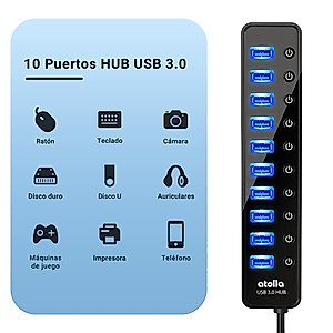 Powered USB 3.0 Hub, atolla 10 Ports USB Data Hub Splitter with Individual ON/Off Switches and 12V/2.5A Power Adapter USB Extension for Mouse, Keyboard, Hard Drive or More USB Devices