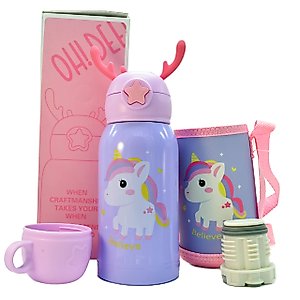 Talavan Kids antler Water Bottle 500ml 316 Stainless Steel vacuum insulated thermos with straw (Unicorn)