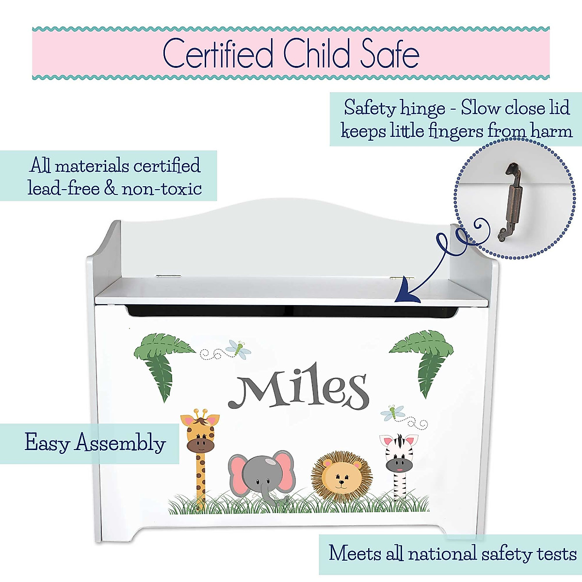 My Bambino Personalized Toy Box Bench Woodland Forest Animals White Wooden Toy Bin with lid - Chest for Toys Storage and added Nursery Playroom Bedroom Decor Seat Organizer