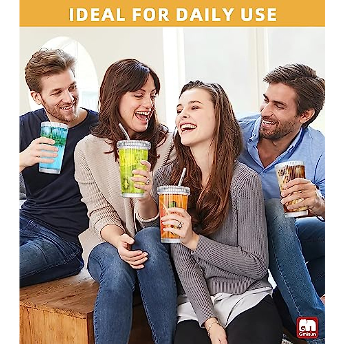 GMISUN Iced Coffee Cups with Lids, Glass Cups with Lids and Straws, Ribbed Glassware, Drinking Glasses Set of 4, Vintage Glassware Cocktail Glasses 14oz for Cocktail, Gift