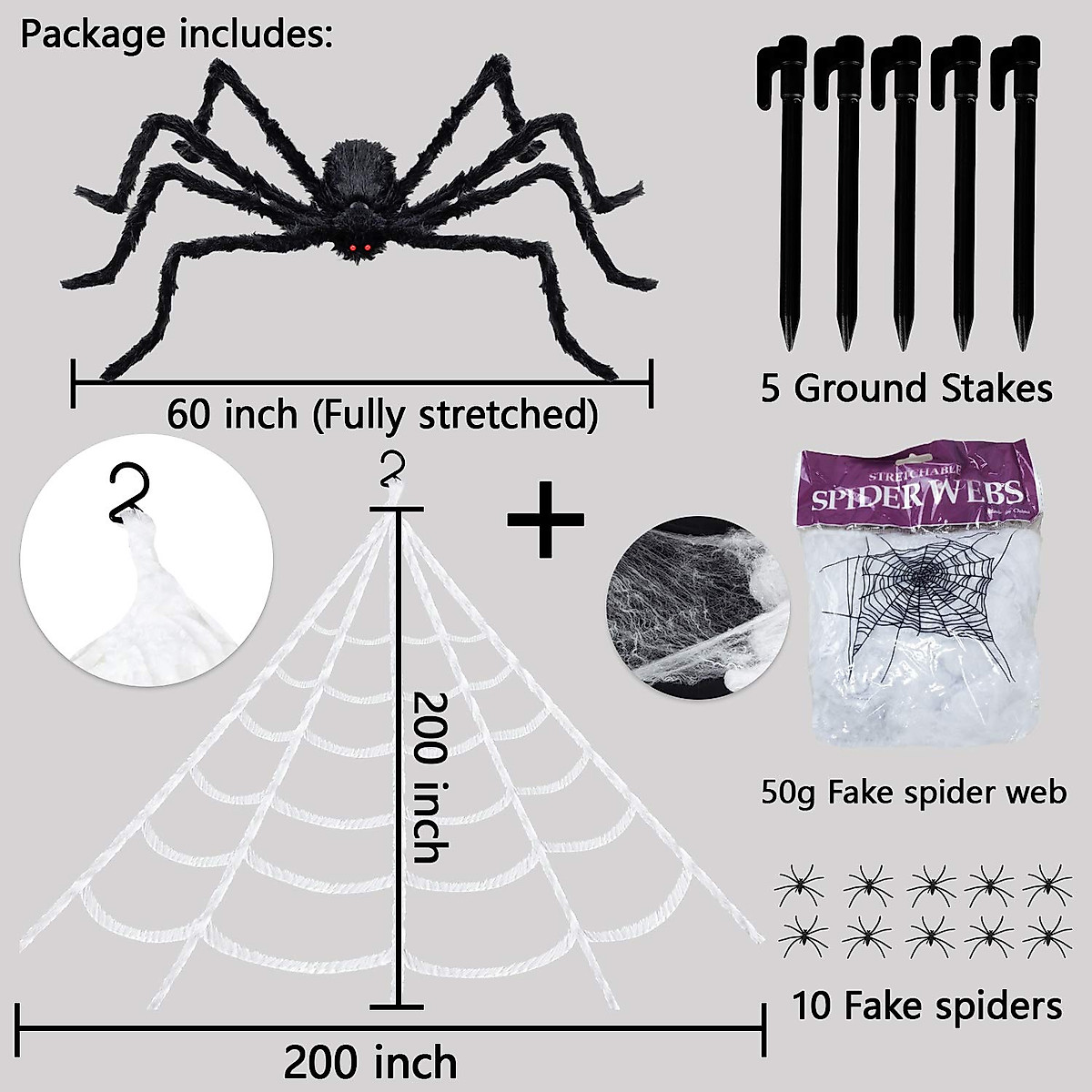 Halloween Decorations Outdoor, 200" Spider Web 60" Giant Spider with Extra Stretch Cobwebs and 10 Small Plastic Spiders, Halloween Outdoor Scary Decorations Yard Home Outside Parties House Décor