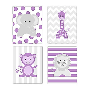 Baby Girl Nursery Wall Art Purple Elephant Giraffe Lion Monkey Safari Jungle Zoo Animals Decor 4 UNFRAMED PRINTS