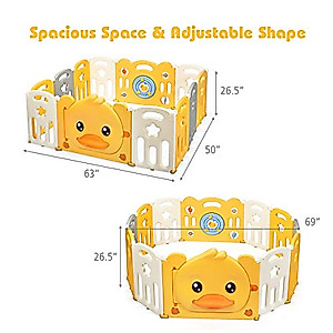 HONEY JOY Baby Play Yard, 12 Panel Psyduck Foldable Baby Gate Playpen, Anti-Slip Rubber Base & Suction, Indoor Safety Baby Fence for The House, Extra Large Anti-Fall Play Pen for Toddler