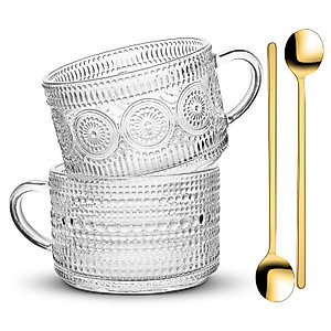 VIABRICO Vintage Coffee Mugs Set of 2, 14 oz Handle Glass Coffee Cups Gift for Cappuccino, Latte, Coffee Bar Accessories, Overnight Oats, Yogurt, Milk, Hot or Cold Beverages