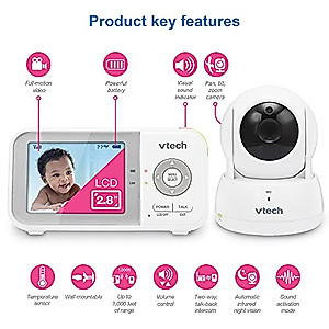 VTech VM923 Baby Monitor, 2.8” Screen, Pan-Tilt-Zoom, 1000ft Long Range, Night Vision, 2-Way Audio, Temperature Sensor, Lullabies, Secure Transmission No WiFi