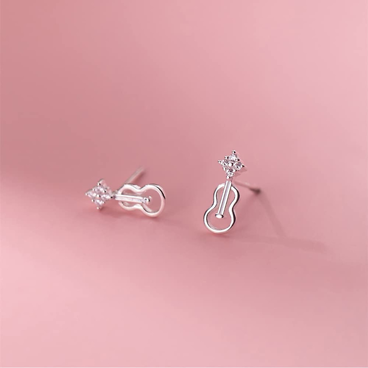Cute CZ Hollow Violin Tiny Small Stud Earrings for Women Teen Girls Cartilage Tragus Sensitive Ear S925 Sterling Silver Mini Piercing Post Personalized Fashion Jewelry Hypoallergenic Minimalist Gifts