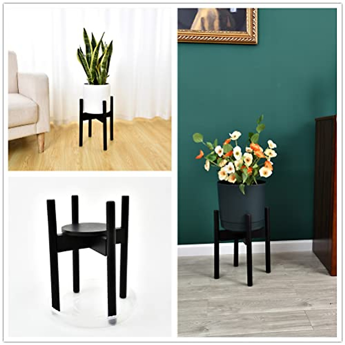 AUGOSTA Bamboo Adjustable Planter Tray Included, Mid Century Modern Indoor Plant Stand, Fit 8 9 10 11 12 inch Pots, Plant Pot Not Included (Black)