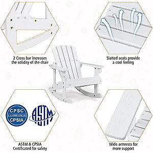 Giantex Wooden Adirondack Rocking Chair - Kids Outdoor Adirondack Rocker with Slatted seat, Smooth Rocking Feet, 300LBS Weight Capacity, Porch Rocking Chair for Balcony, Backyard, Poolside (1, White)