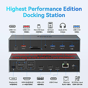 Displaylink Docking Station 3 Monitors Dual Triple Display USB C Dock with 3 HDMI, 2 DP, DC Power, USB A&C for MacBook M1 M2 M3/Dell/HP/Lenovo