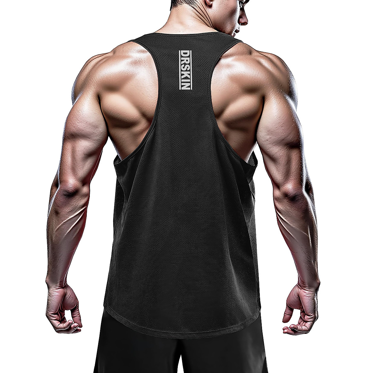 DRSKIN Men's 4 Pack Dry Fit Y-Back Muscle Tank Tops Mesh Sleeveless Gym Bodybuilding Training Athletic Workout Cool Shirts (BTF-ME-TA-(B,W,N,G), L)
