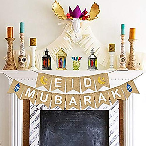 Eid Mubarak Banner Burlap - Eid Mubarak Decoration - Eid Mubarak Party Supplies - Rustic Eid Mubarak Banner Bunting for Mantle Fireplace - Eid Mubarak Outdoor Indoor Hanging Decor
