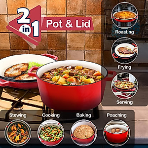 HaSteeL 2 in 1 Enameled Cast Iron Dutch Oven, 5 QT Pot & 2 Quart Skillet Lid Pan, Non-Stick Cookware Multi Cooker for Bread Baking Cooking Stewing, Suit for All Cooktops, Dual Handles & Oven Safe, Red