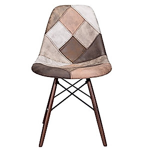 COZYBLOCK Mooku Brown Patchwork Leatherette Fabric Upholstered DSW Dining Side Accent Chair with Dark Walnut Leg…