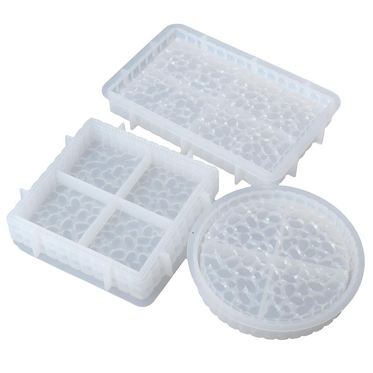 Uniquer 3Pcs Diamond Resin Tray Molds with Edges,Rectangle Round Shaped Epoxy Silicone Casting Molds for Makeup Holder,Art Craft Making Supplies