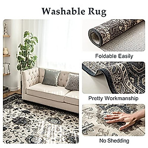 VK VK·LIVING Washable Rug 5x7 Area Rug for Living Room Bedroom Rug Lightweight Large Area Rug Thin Vintage Rug No Smell Machine Washable Rug for Dining Room Home Kitchen, Darkgrey&Olive Green