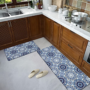 ASPMIZ Kitchen Mats Sets 2 Piece, Memory Foam Kitchen Rugs and Mats Non Slip Washable, Farmhouse Anti Fatigue Kitchen Mat and Runner Set, Blue Cushioned Floor Comfort Mat, 17'' x 47'' + 17'' x 30''