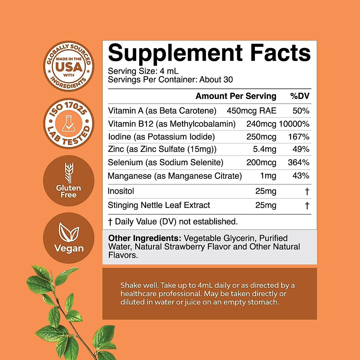 High Absorption Thyroid Support Supplement - Vegan Liquid Iodine Supplements for Thyroid Support for Women and Men with Myo-Inositol Selenium and Stinging Nettle for Enhanced Energy and Focus