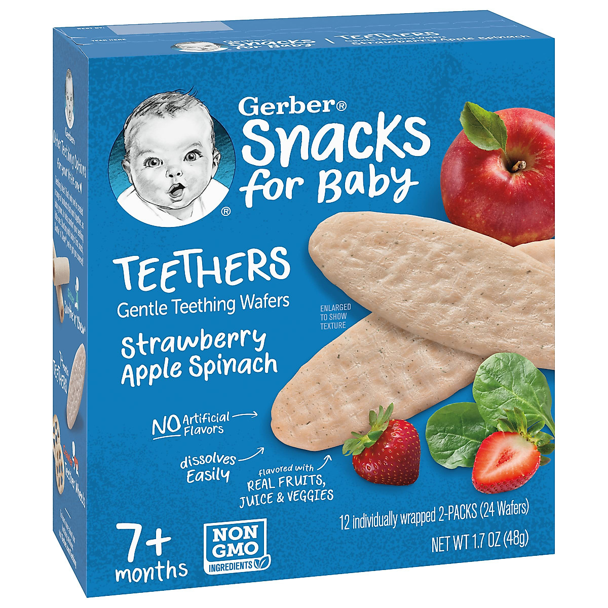 Gerber Snacks for Baby Teethers, Strawberry Apple Spinach, Gentle Teething Wafers, Non-GMO Ingredients, 12 Individually Wrapped 2-Packs/Box (Pack of 3 Boxes)